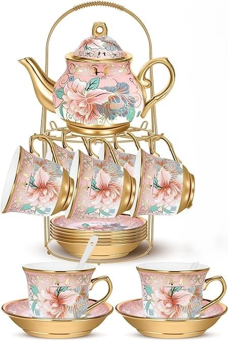DEEDECORWAVE - Luxury Floral Ceramic Tea Set With Cups, Saucers ...