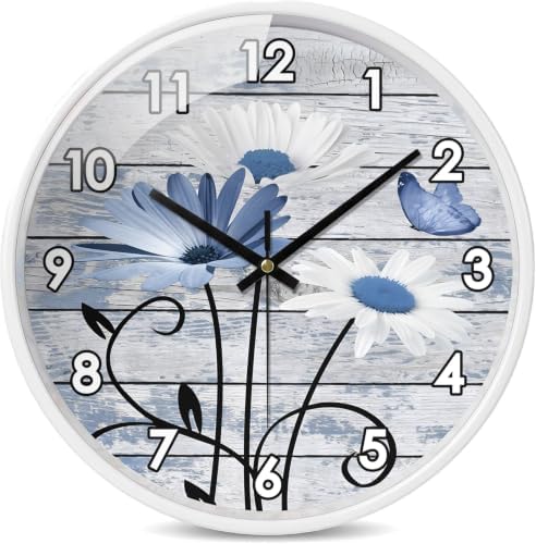 Amazon.com: Rustic Wood Board Daisy Butterfly Blue and White wall clock ...