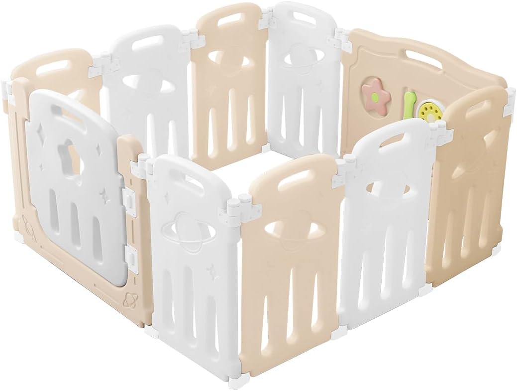 Amazon.co.jp: WEIMALL ベビーサークル キッズサークル 10枚セット おもちゃパネル付き ドアロック付き 折りたたみ 簡単組立 (ベージュ) : ベビー＆マタニティ