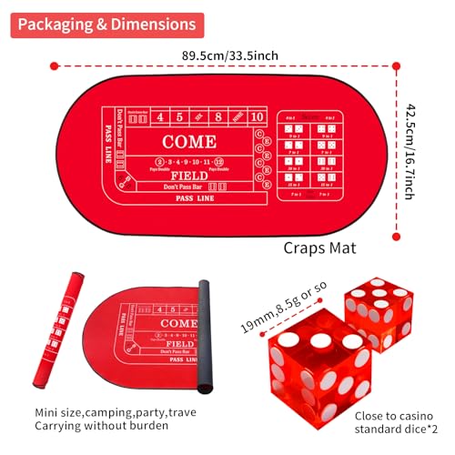 33" x 17" Mini Craps Table Mat,with Two Dices,Portable Casino Mini ...