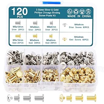 HSEAMALL 120 Sets Chicago Binding Screws 3 Size Metal Round Cross Head ...