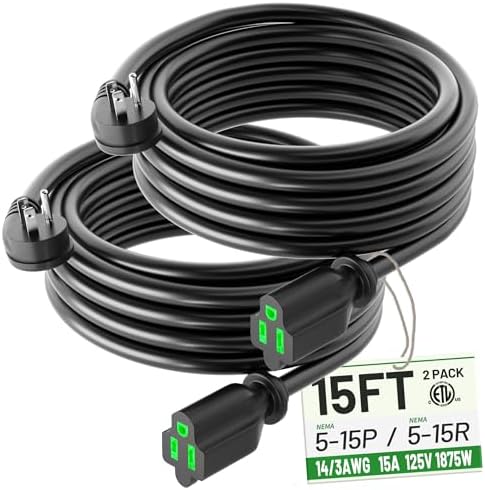 Amazon.com: POWGRN 2 Pack 15 Foot Flat Plug Extension Cord Black, 14/3 ...