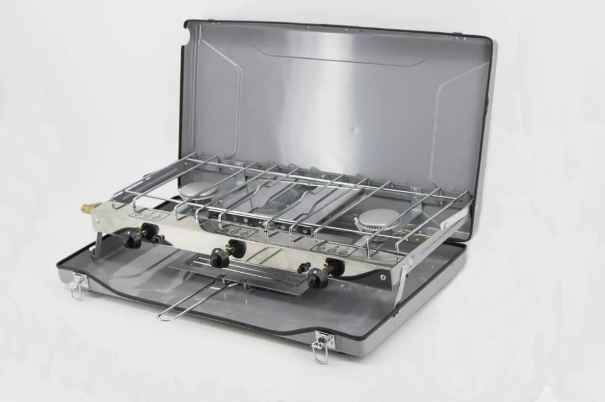 Portable Double Burner Camping Stove, Folding Gas Cooker with Grill ...