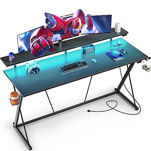 SEVEN WARRIOR Gaming Desk with LED Lights & Power Outlets, 55" Computer ...