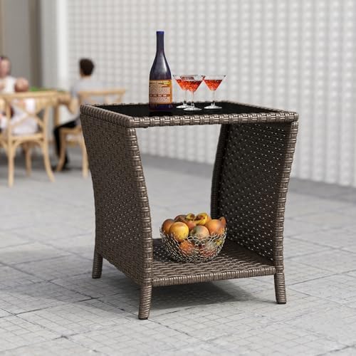 Amazon.com: kinbor Outdoor Wicker Side Table - Tempered Glass Top Small ...