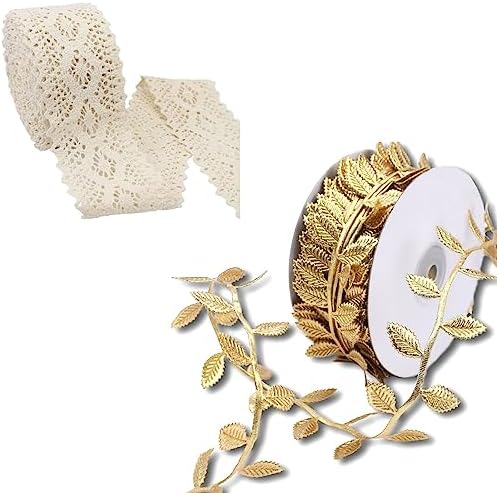 Amazon.com: Gold Leaf Ribbon 20 Yards Gold Leaves Trim Beige Lace ...