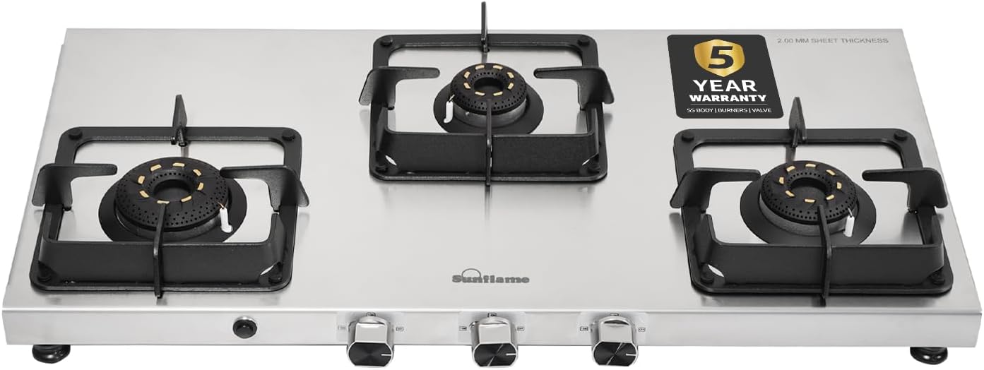Sunflame 3 Burner Ultra-Slim Stainless Steel Gas Stove 77 cm Wide ...