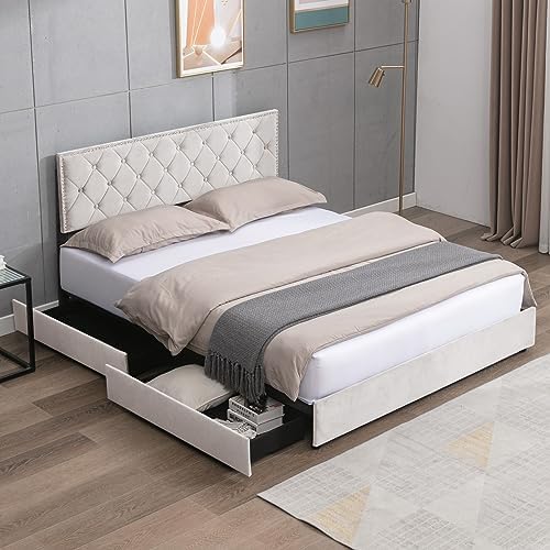 Amazon.com: Mjkone Queen Platform Bed Frames with 4 Storage Drawers ...