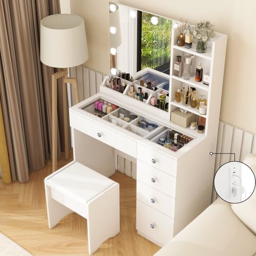 Amazon.com: Sokiche Glass Top Vanity Desk with Mirror and Lights ...