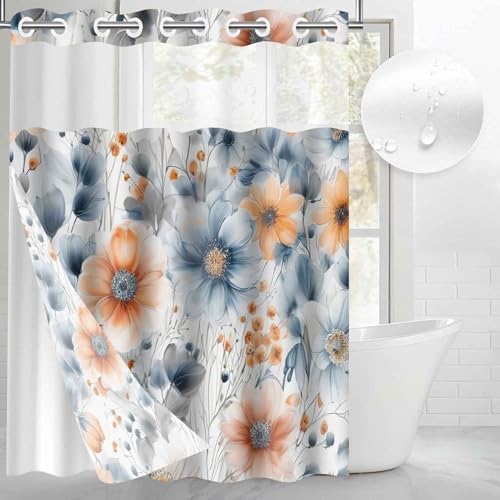 Amazon.com: Gdmoon Blue Beige Floral No Hook Shower Curtain with Snap ...