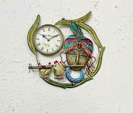 Buy Metal Lord Krishna Wall Mounted Clock & Hanging Art Decor Playing ...