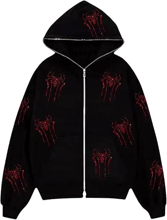 WANGSAURA Women Y2K Sweatshirt Oversized Zip Up Skull Gothic Hoodie Rhinestone Graphic Skeleton ...
