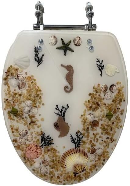 ELONGATED CLEAR JEWEL SHELL SEASHELL & SEAHORSE RESIN TOILET SEAT WITH ...