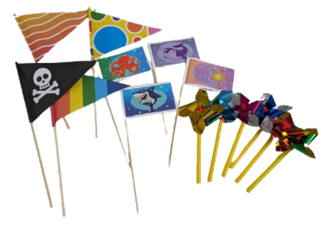 8 x Mixed Sand Flags & 6 Mini Windmills Ideal for Sandpits Beach ...
