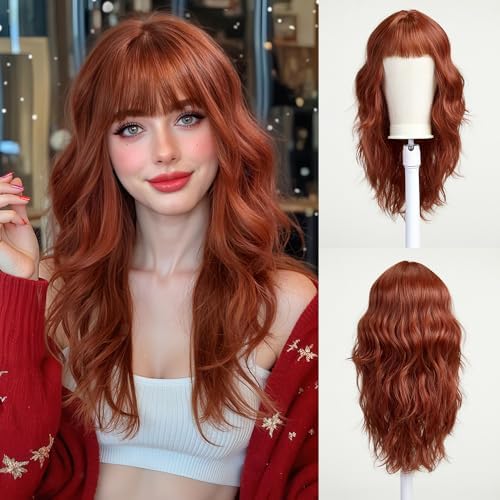 Amazon.com : Esmee Long Wavy Copper Red Wig with Fringe for Women ...
