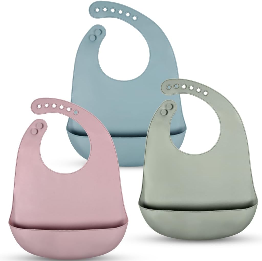 ZGTS 3 Pack Silicone Baby Bibs - Adjustable, Waterproof With Food ...