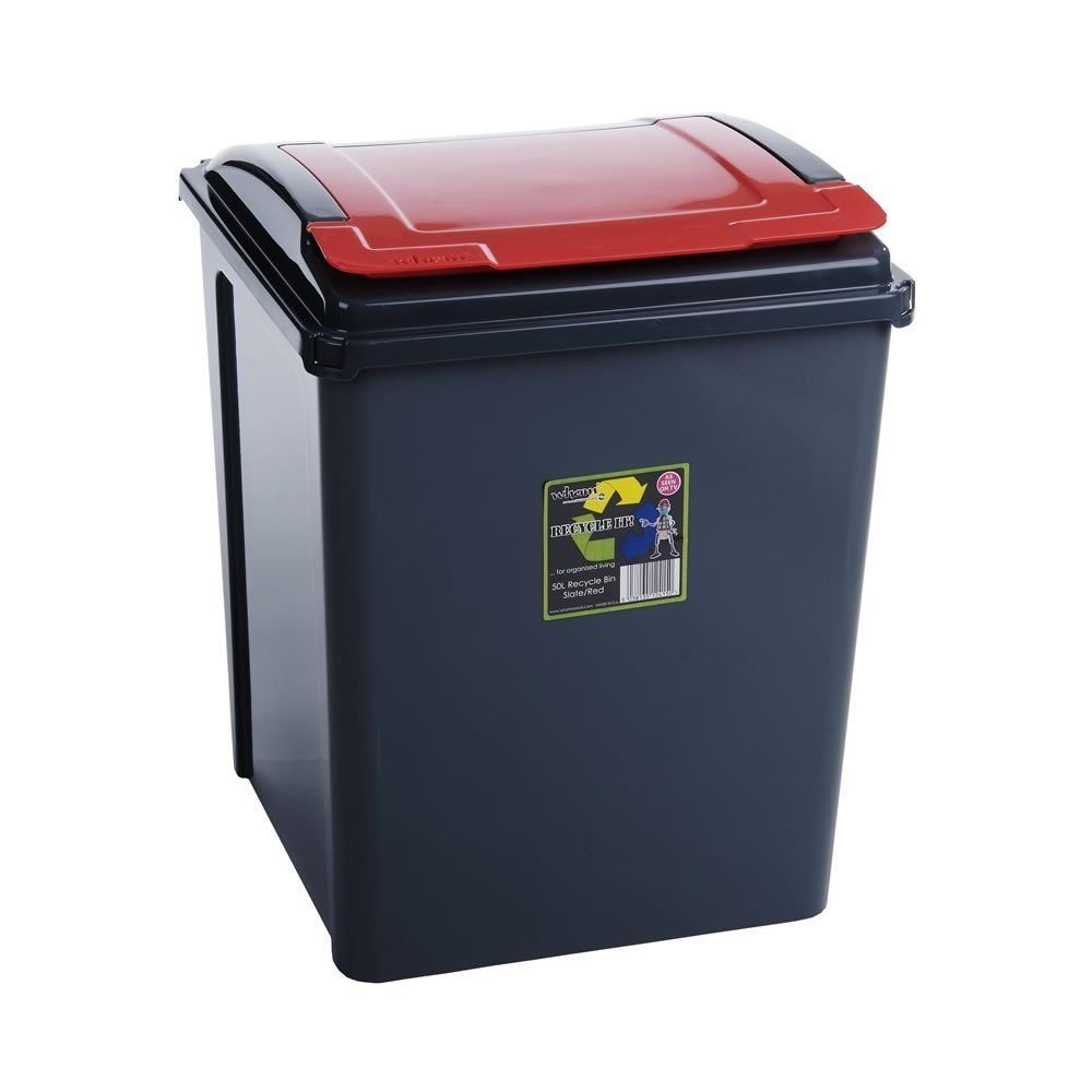 50 Litre Red Plastic Waste Recycle Bin with Flap Lid For Kitchen Home ...