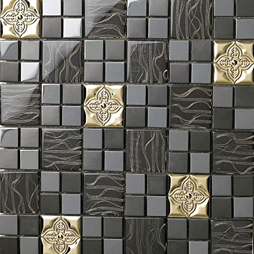 Hominter 11 Sheets Glass Metal Mosaic Backsplash Tile Black And Gold ...