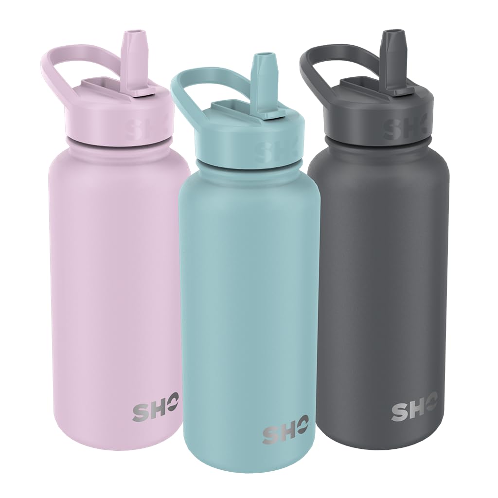 SHO Stainless Steel Guzzler Water Bottle with Straw Lid - Leakproof ...