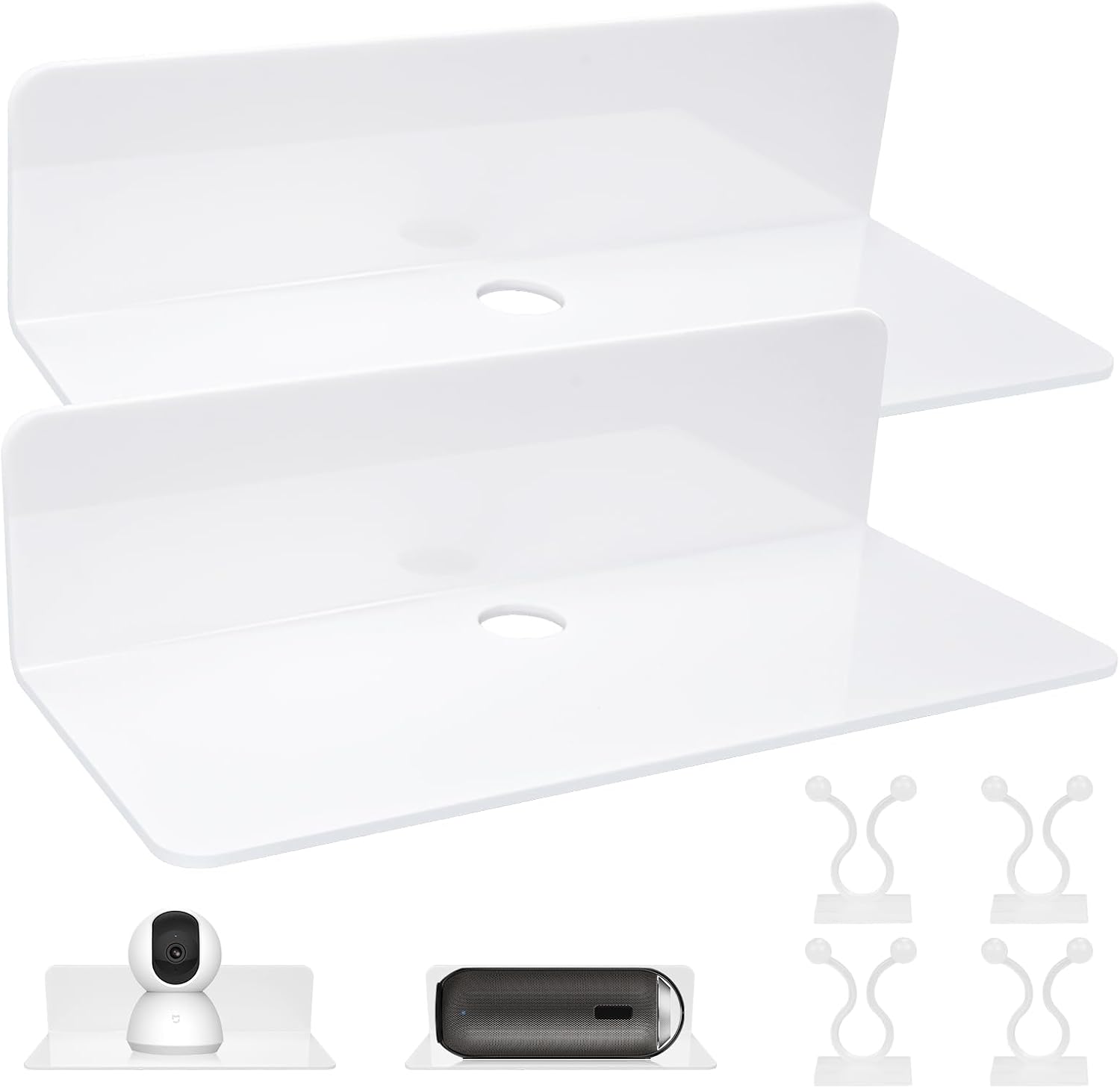 White Floating Wall Shelves Set of 2, Small Self Adhesive Wall Shelf No ...