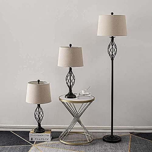 HOMCOM 3 Piece Table Floor Lamp Set with Metal Pole, Round Base, and ...