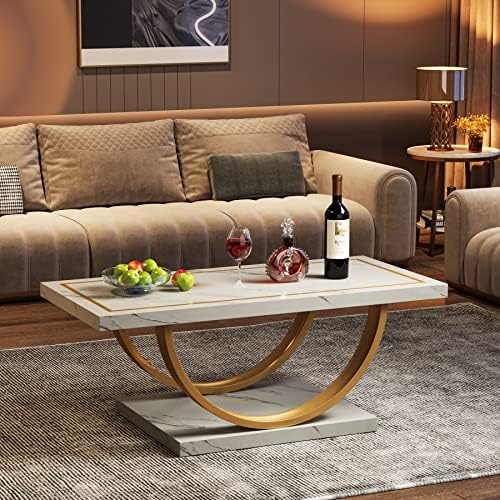 Amazon.com: Tribesigns Modern Coffee Table White Gold Coffee Table Rectangle Coffee Table for ...
