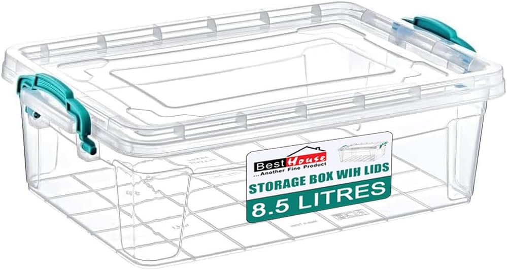 Xeabia 8 L Clear Storage Box with Lid, Plastic Storage Latch Boxes with ...