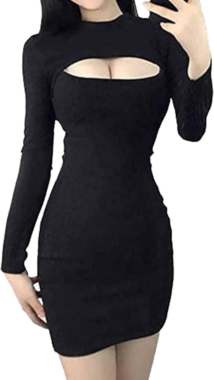 Amazon.co.jp: [優億] 胸元 セクシー ボディコン ミニ ワンピース タイト 胸 あき 開き ニット 過激 谷間 レディース 長袖 タイト スカート 素敵 : ファッション