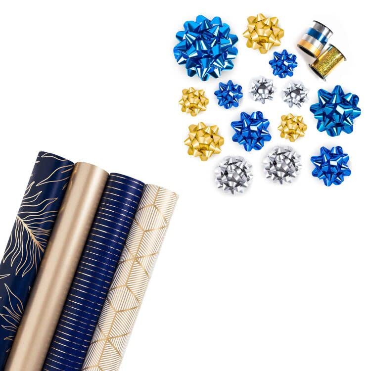 Amazon.com: WRAPAHOLIC Gold and Navy Print Wrapping Paper Set & Gift ...