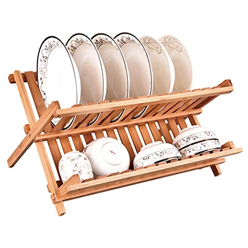 2 Tier Bamboo Dish Rack, Wooden Plate Rack, Foldable Portable Hollow ...