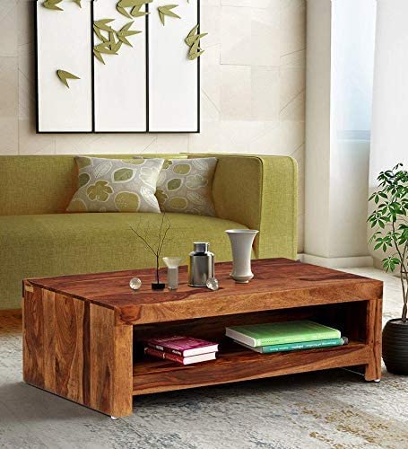 Navya Handicraft Wooden Centre Coffee Table for Living Room | Outdoor Center Table with Shelf ...