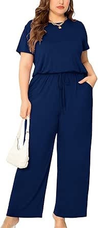 Amazon.com: Women Plus Size Summer Short Sleeve Wide Leg Casual Jumpsuits with Pockets ...