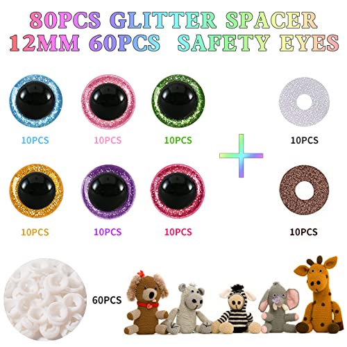 MUCUNNIA 60pcs 12mm Safety Eyes for Amigurumi Glitter Plastic Safety Eyes for Crochet with ...