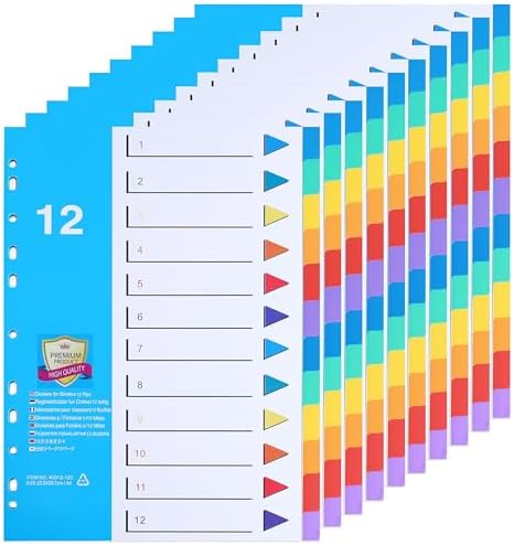 (10 Pack) A4 File Dividers 12 Part Numbered 1-12,Plastic Subject ...