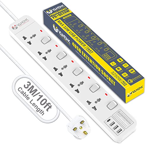 VANENIK Universal Extension Lead with USB C Slot 3M – 5 Gang Way ...