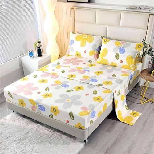Amazon.com: JSD Yellow Floral Printed Sheet Set Queen Size, 4 Piece ...