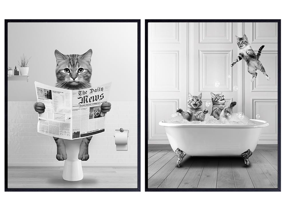 Amazon.com: Cat Themed Wall Art & Decor - Kids Bathroom Set - Cute Cat ...