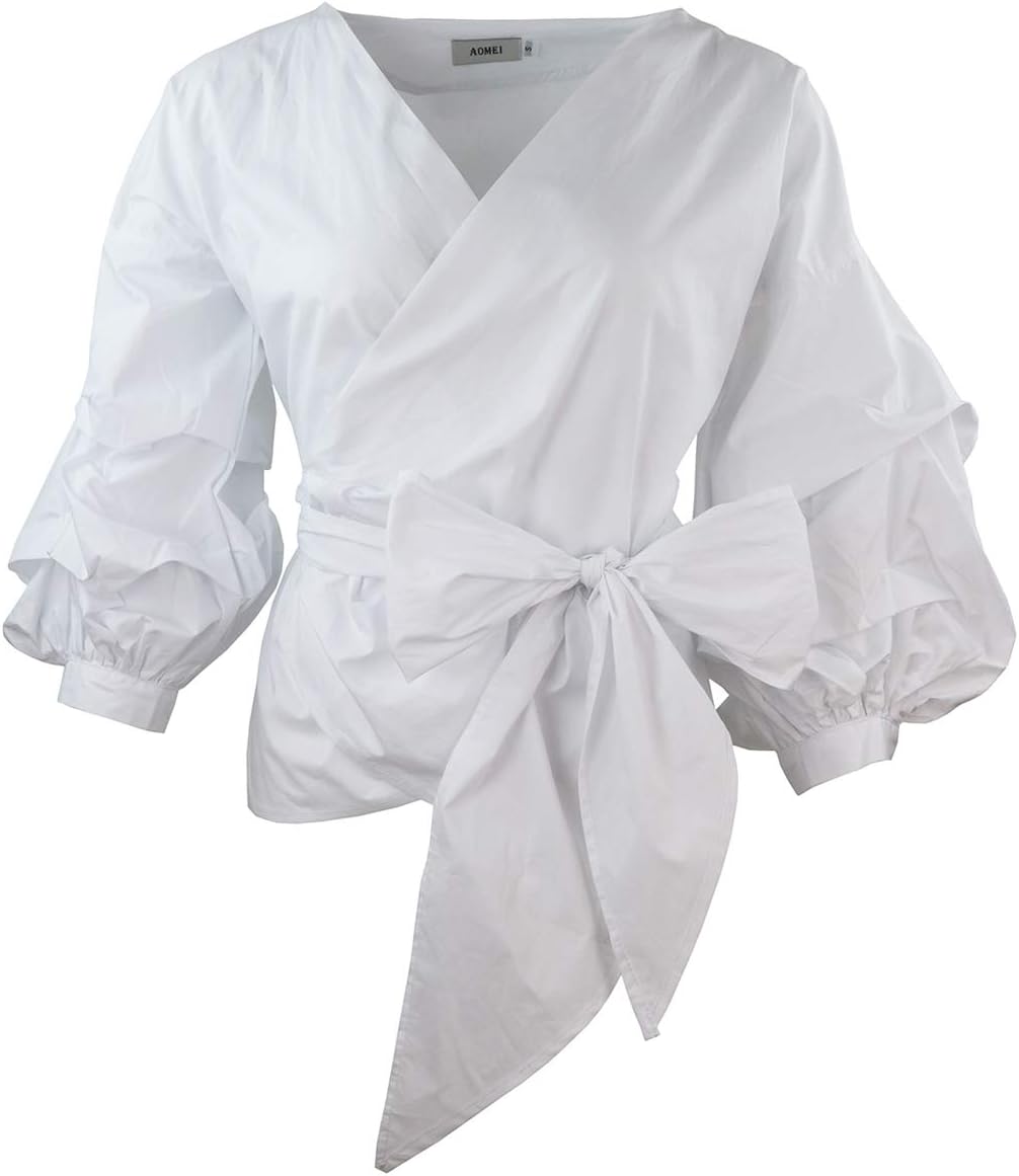 AOMEI Women Spring Summer Blouses with Puff Sleeve Sashes Shirts Tops