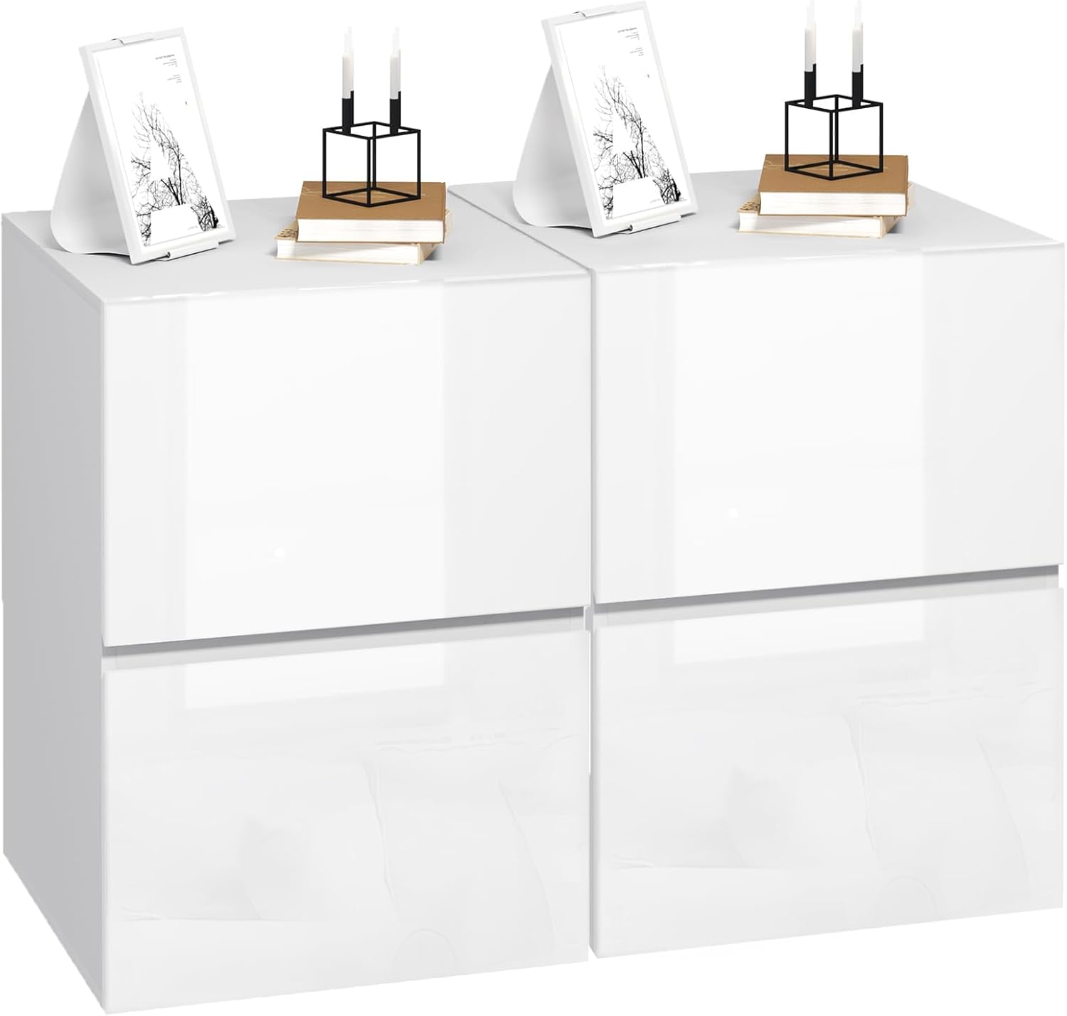 EUGAD Set di 2 Comodino con 2 Cassetti Lucido, Mobiletto Bianco per ...