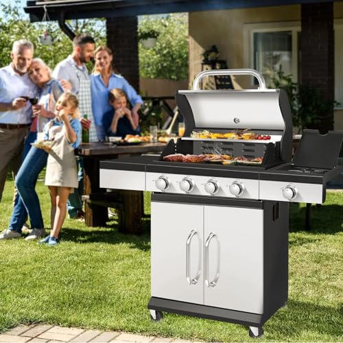 4-Burner Propane Gas BBQ Grill with Side Burner, Stainless Steel BBQ ...