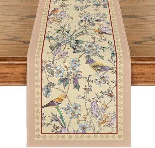 Artoid Mode Beige Birds Floral Blossom Table Runner, Seasonal Flowers ...