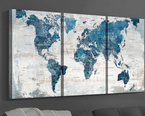 Amazon.com: Wall Art blue map of the world Painting Ready to Hang -20 ...