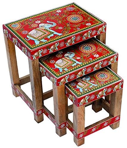 Indian Wood Arts Wood Painted Nested Table/Nesting Stool Set of 3 ...