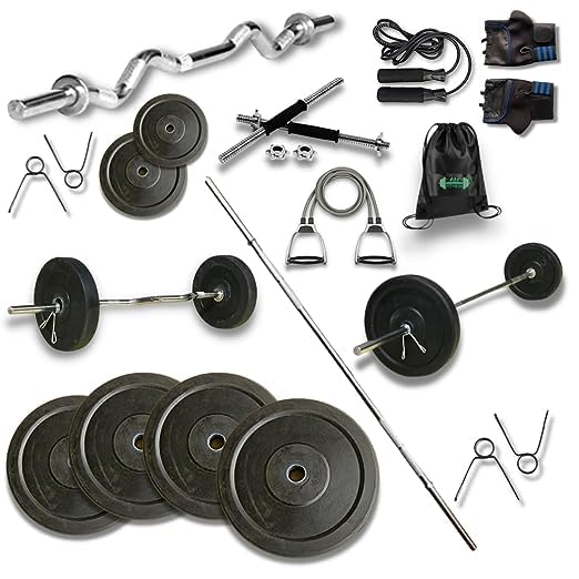 FIRE FITNESS rubber plates weight home gym equipment combo (60KG with 5 ...