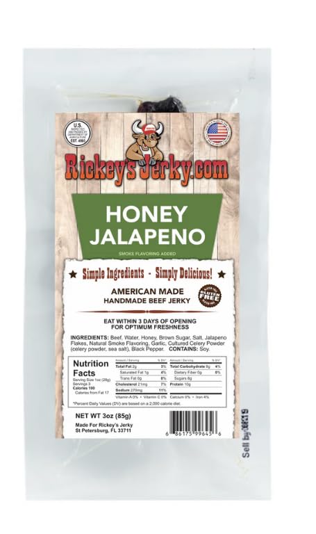 Amazon.com: Rickey's Jerky, Honey Jalapeno Beef Jerky, All Natural Meat ...