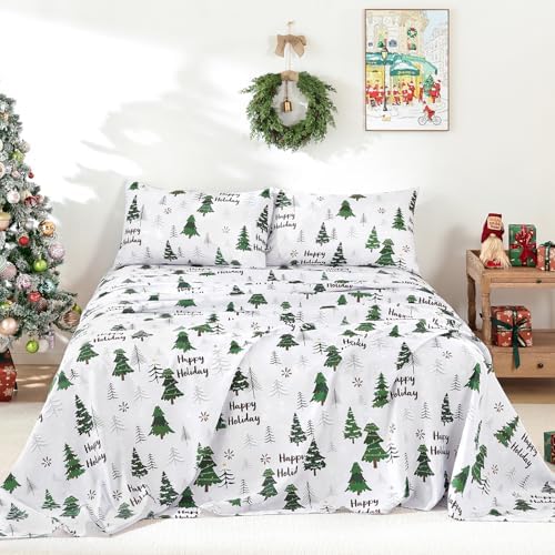 Amazon.com: Luxudecor Christmas Sheet Set Queen Size 4 Pieces Green ...