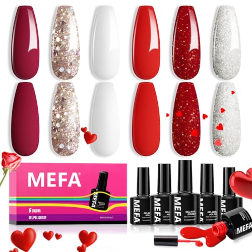 MEFA 6 Colors Red Gel Nail Polish Set, Glitter Shades Sparkle Silver ...