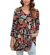 ENMAIN Womens 3/4 Sleeve Tunic Tops V Neck Casual Loose Fit Black Brown ...