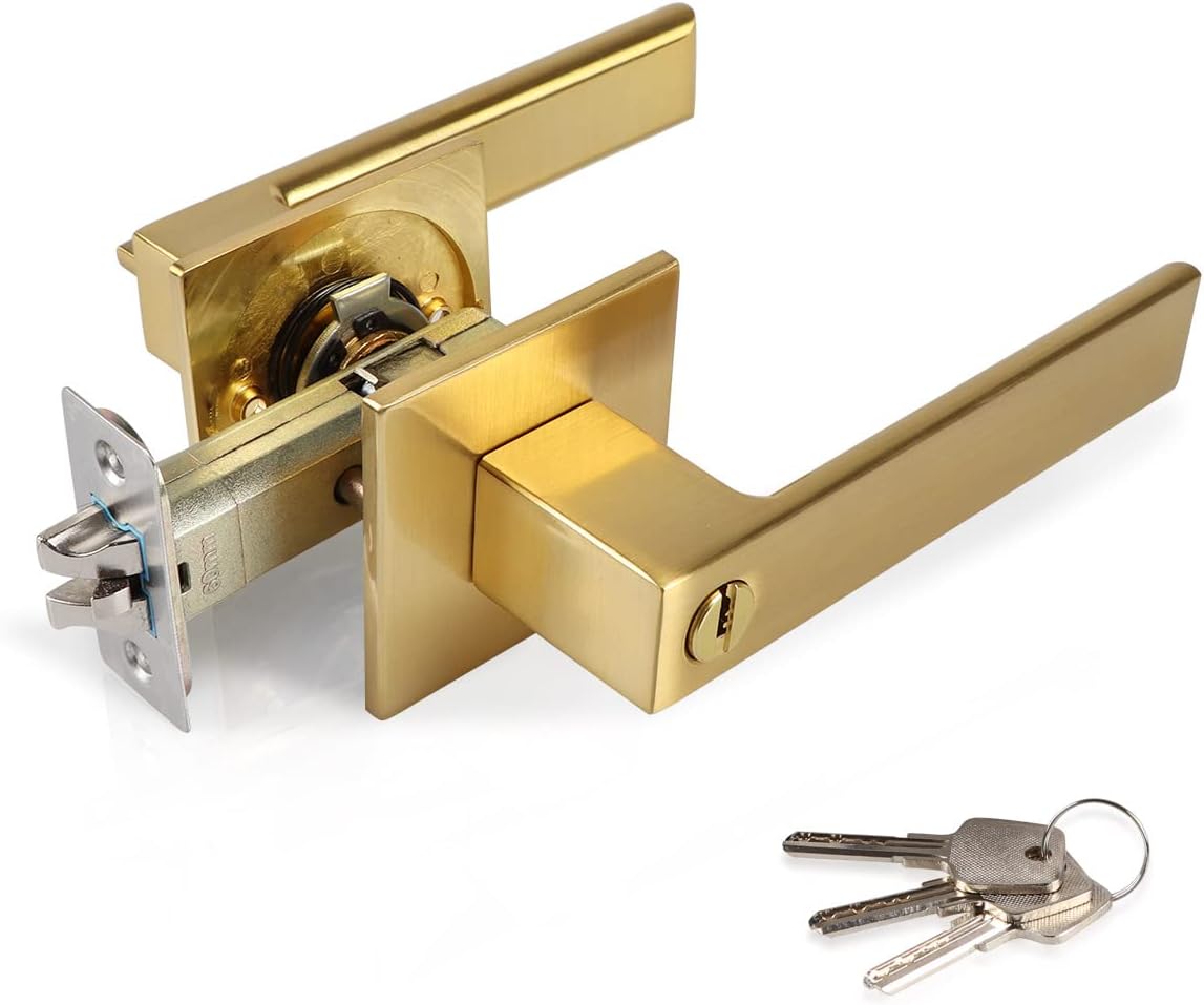 TooCust Square Door Handle with Lock, Golden Door Lever with Lock for ...