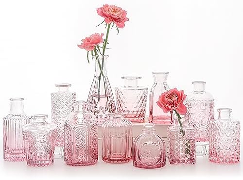 Amazon.com: Pink Glass Bud Vase Set of 10 - Mini Vintage Vases for ...